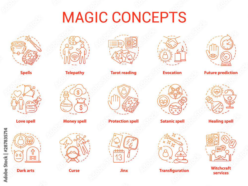 Magic concept icons set. Occultism, sorcery and witchcraft idea thin ...