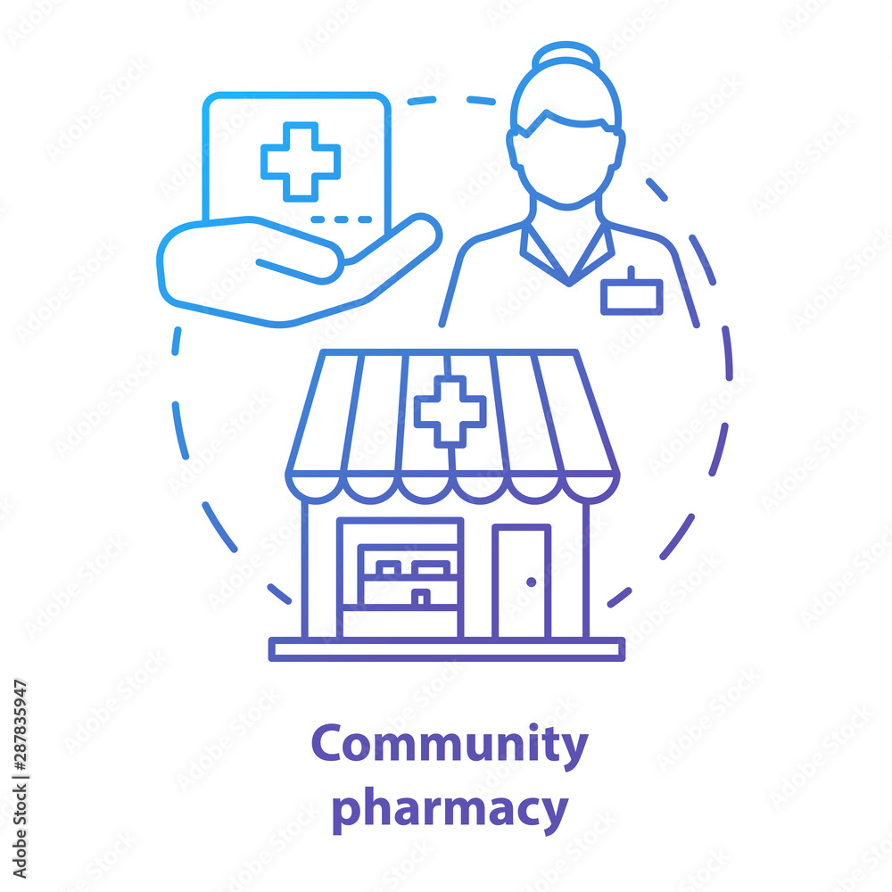 Community pharmacy concept icon. Social, government service idea thin ...