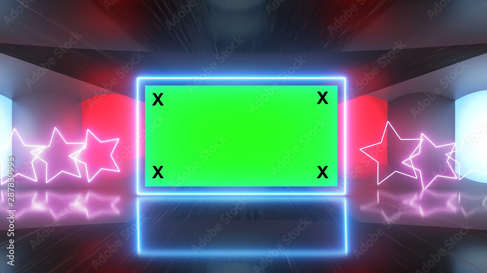 Futuristic blank, neon green screen billboard, border, frame on ...