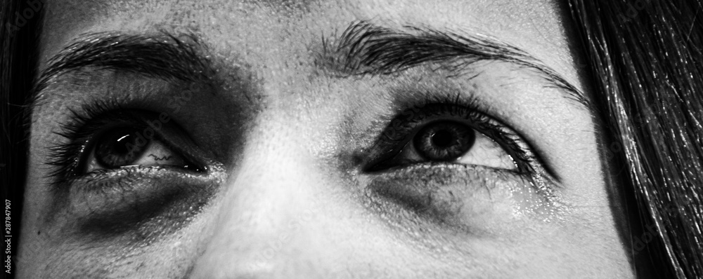 Sad eyes close-up black and white photo, womans eyes with red ...