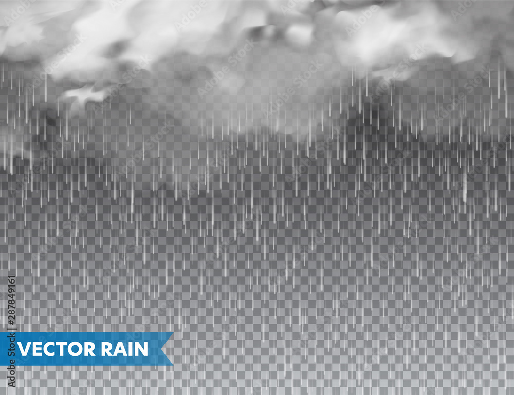 Realistic rain with clouds on transparent background. Rainfall, water ...