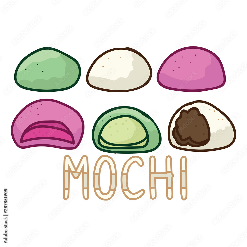 Cute mochi assortment vector. Hand drawn traditional Japanese snack ...