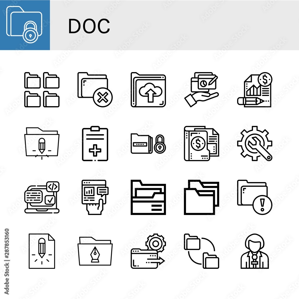 Set of doc icons such as Folder, Folders, Report, Content, Svg, Page ...