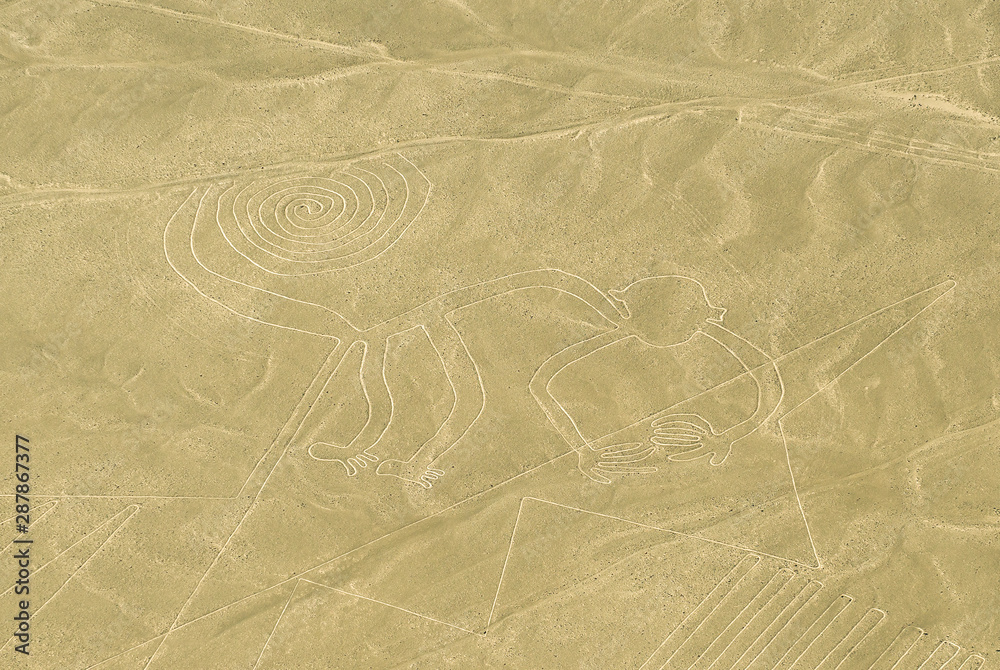 The monkey figure geoglyph in the desert sand known as the Nazca Lines ...