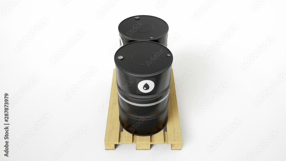 Two metal black barrels with oil symbol located on wooden pallet ...