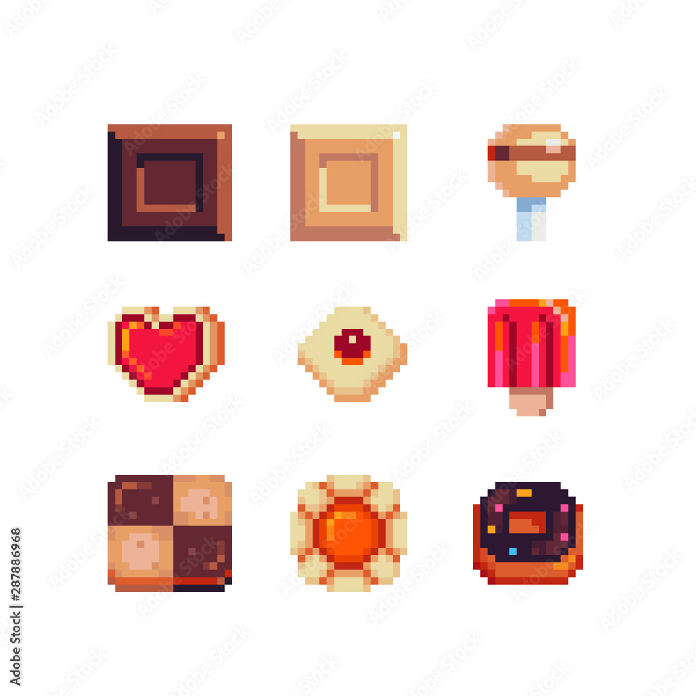 Pixel art sweets icons, white and black chocolate, candy, ice cream ...