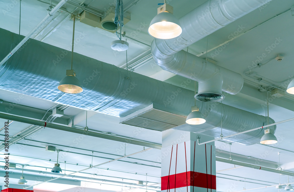Air duct, air ventilation system in shopping mall building. Air ...