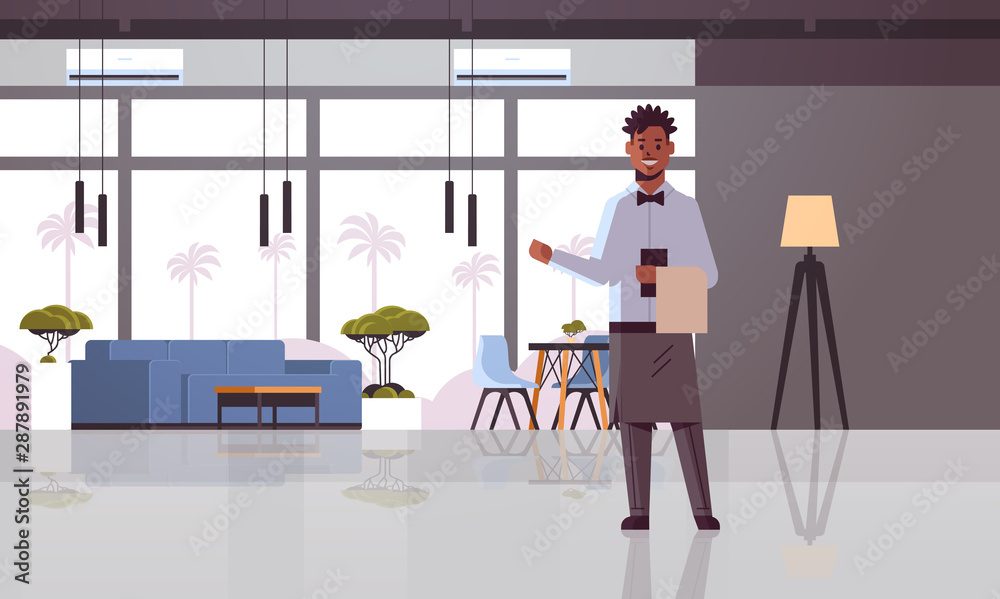 professional waiter holding menu warmly welcoming to cozy restaurant ...
