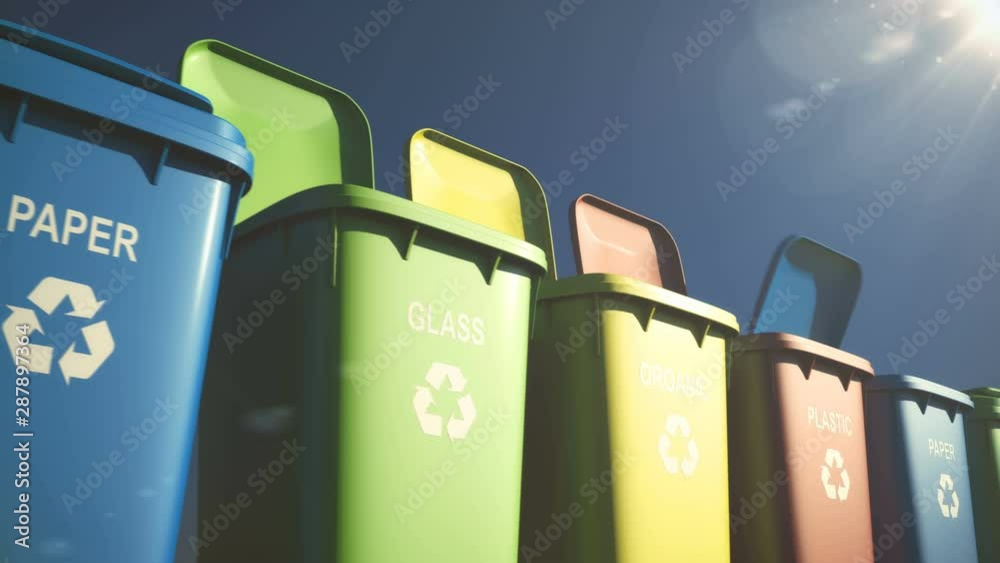 Plastic waste bins with flaps opening and closing, waste type labels ...