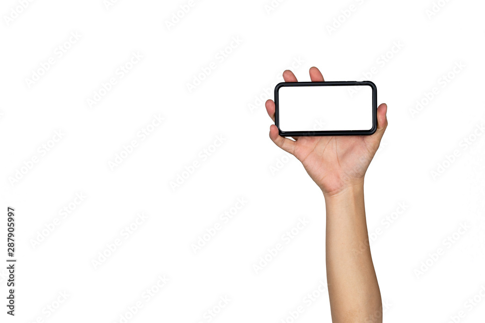 Asian Thai male isolated hand hold Smart mobile phone and raise up in ...