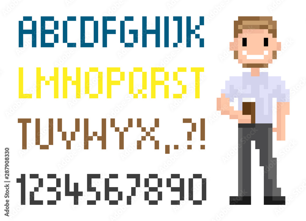 Pixel man vector, alphabet pixelated graphics man with beverage in cup ...