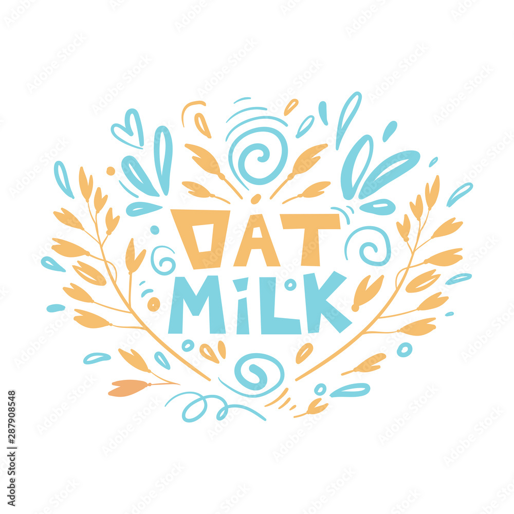 Oat milk hand drawn lettering. Spikes and grains of oats. A handful of ...