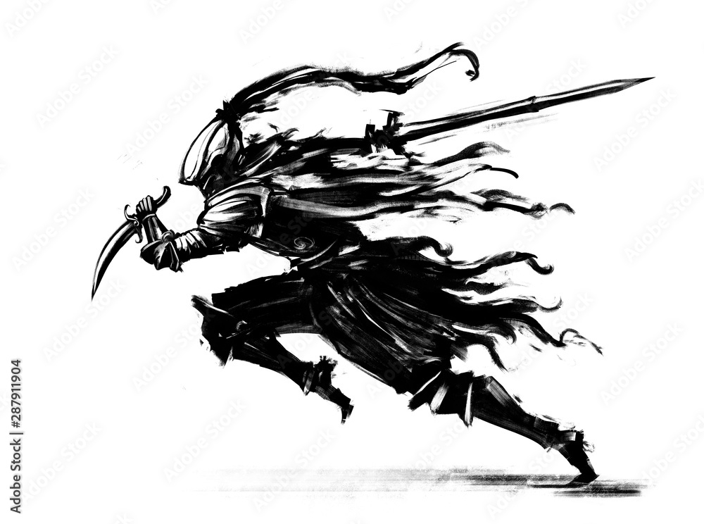 Knight in armor with a sword and dagger, rushing to attack . 2D ...