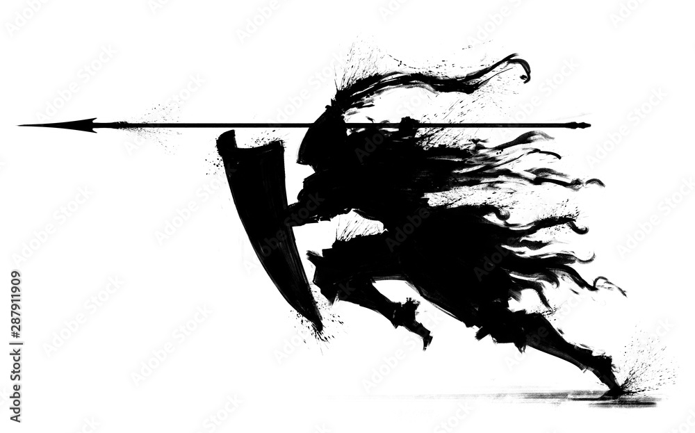 The silhouette of a knight in a dynamic pose with a spear and a sword ...
