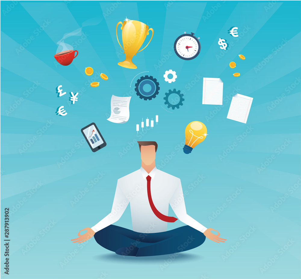 businessman sitting in lotus pose meditation multitasking hard work ...