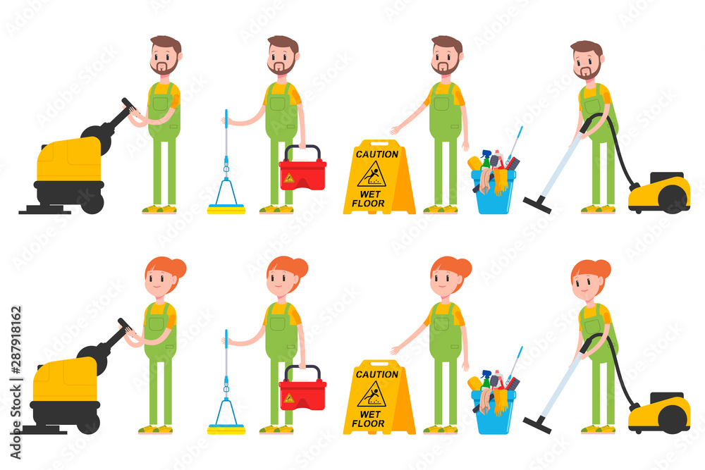 Cleaner man and woman characters set. Cleaning service vector cartoon ...