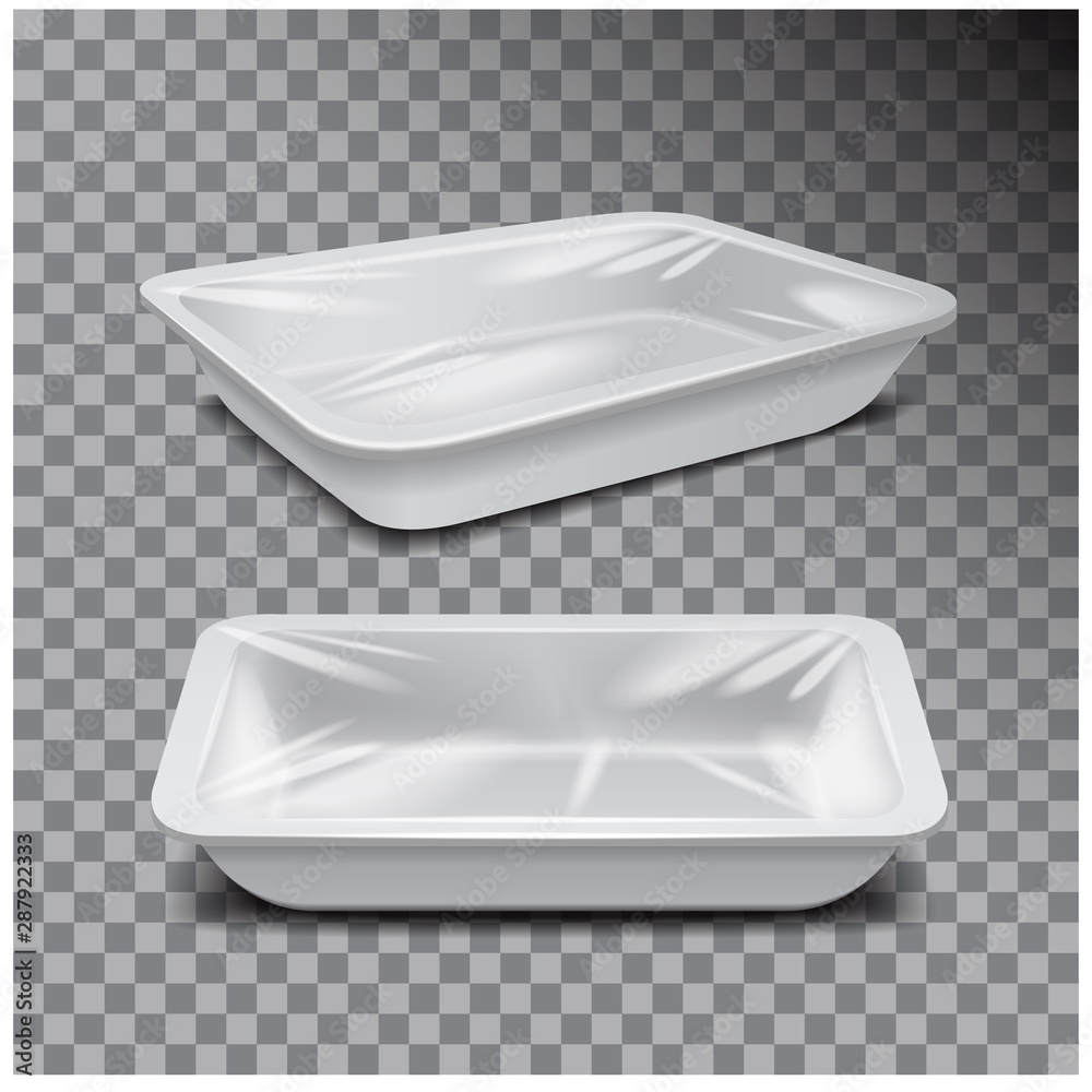 Styrofoam food storage. White food plastic tray, dark foam meal ...