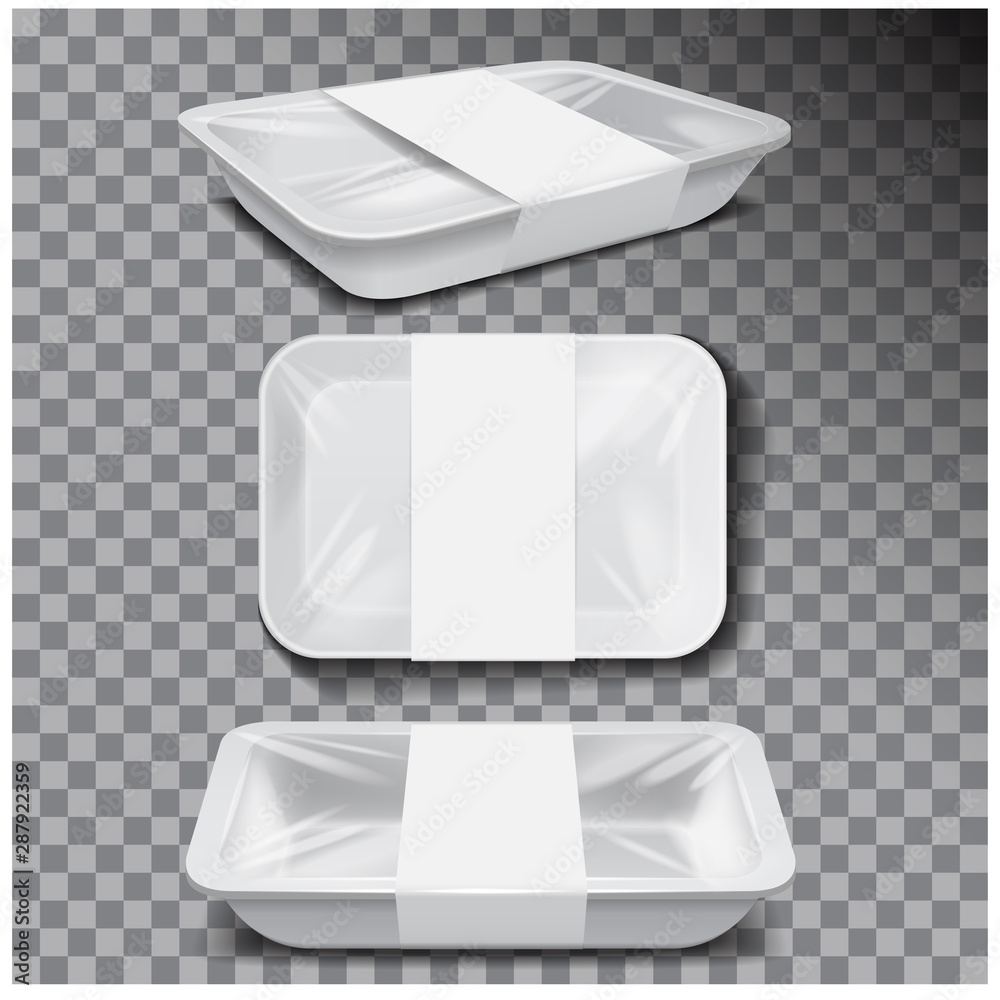 Styrofoam food storage. White food plastic tray, dark foam meal ...