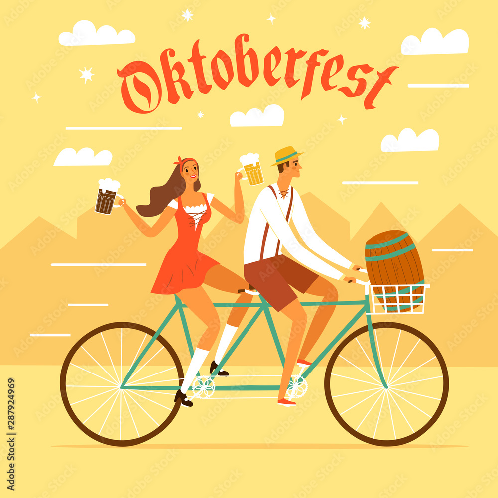 Bavarian couple in a traditional costumes on tandem bicycle with beer ...
