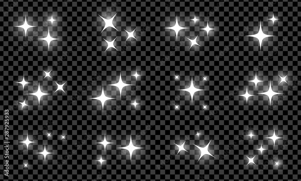 Silver bright glowing and shining star flares effect isolated on transparent background. Vector ...