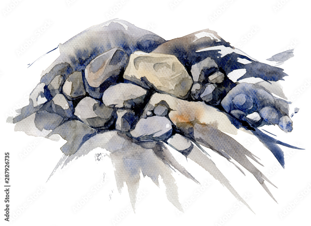 Texture natural stones watercolor illustration. Hand drawn nature grey ...