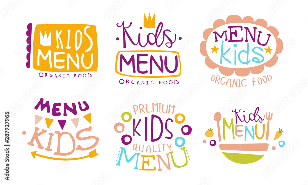 Kids Menu Organic Food Labels Set Hand Drawn Vector Illustration Stock ...