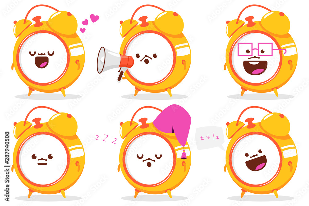 Cute clock cartoon characters vector set isolated on a white background ...