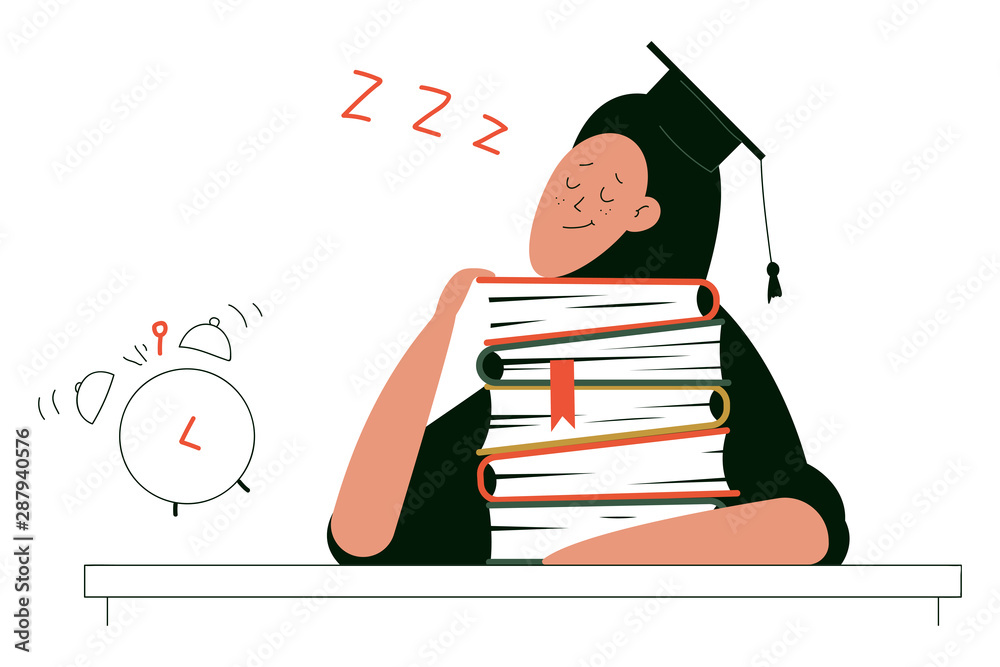 Girl sleeping on textbooks vector cartoon illustration isolated on a ...