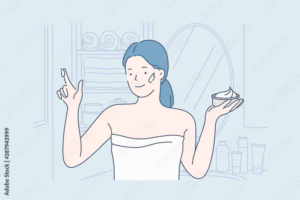 Face cream, care concept. Smilling girl applying moisturizing cream on ...