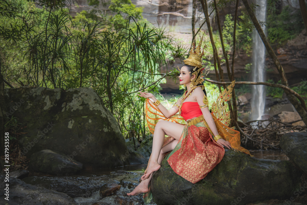 Beautiful woman in a Kinnari dress, Kinnara is an animal in the ...