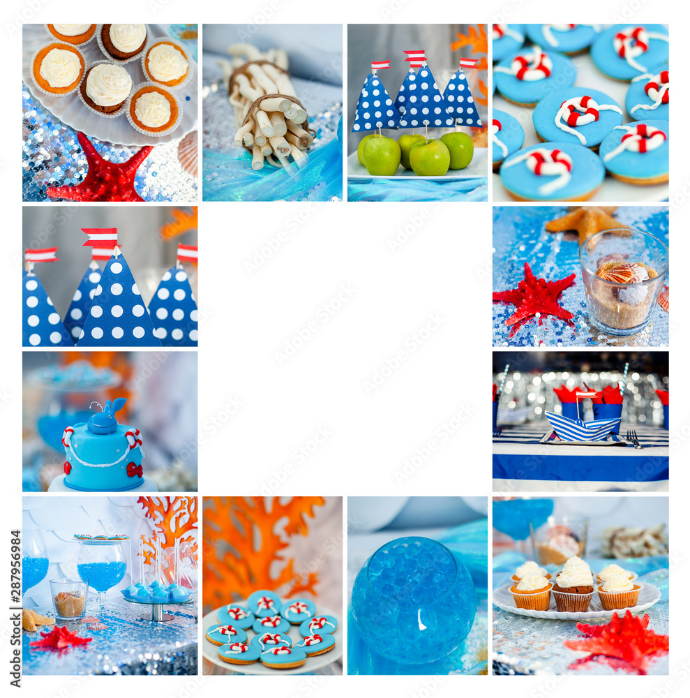 Blue summer time theme for party or birthday. Collage of five pictures ...