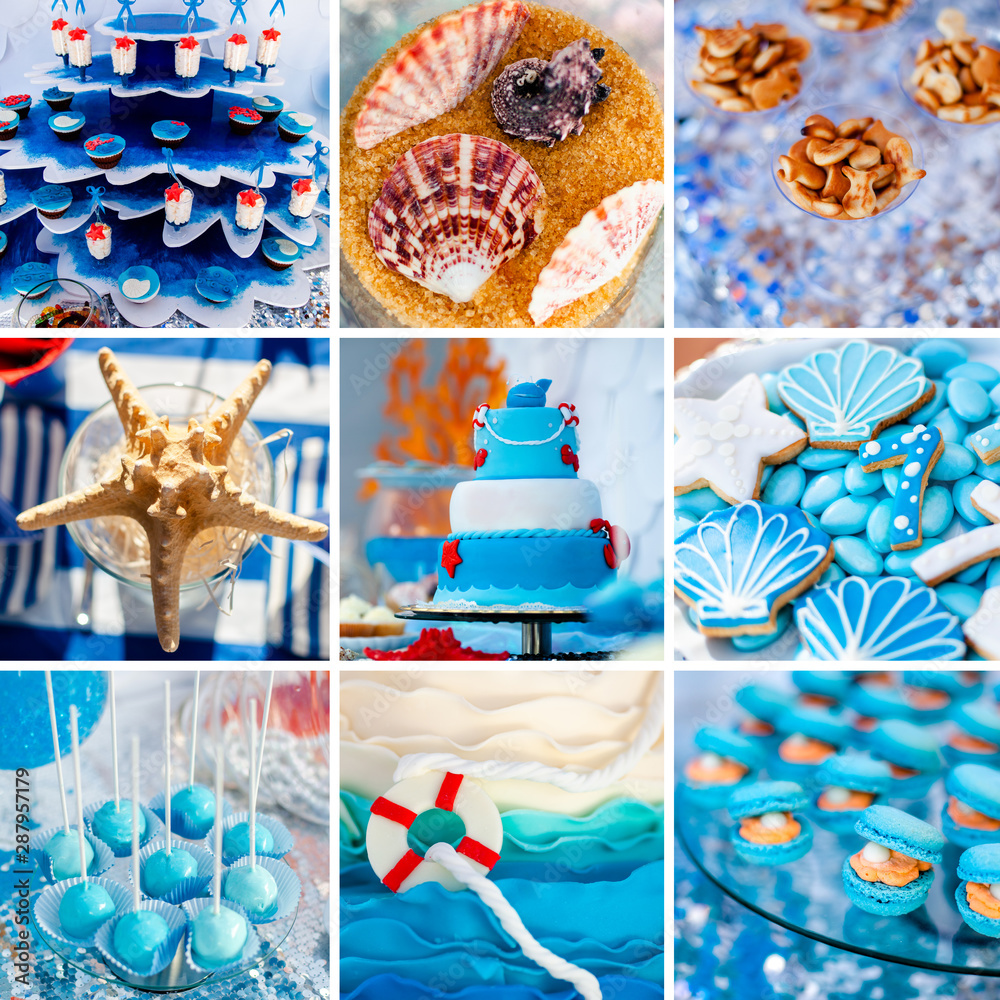 Blue summer time theme for party or birthday. Collage of five pictures ...