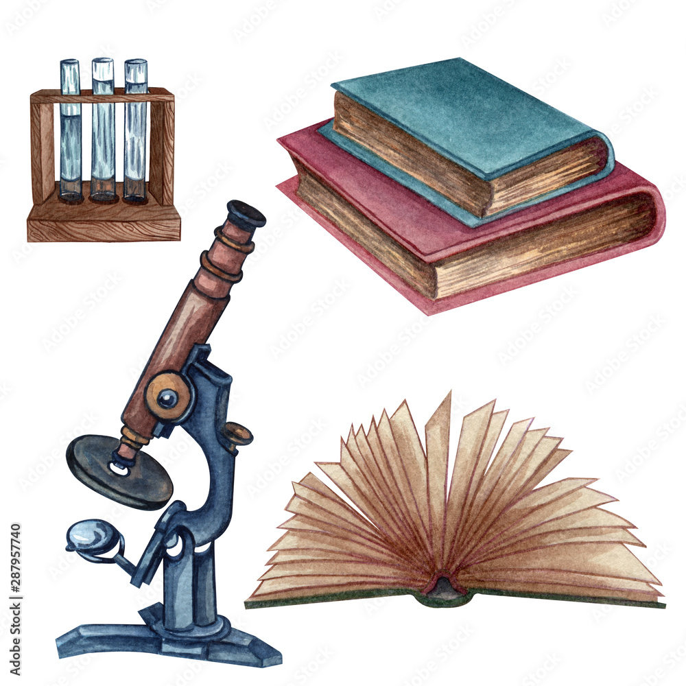 Watercolor science set of books , test tube rack and a microscope ...