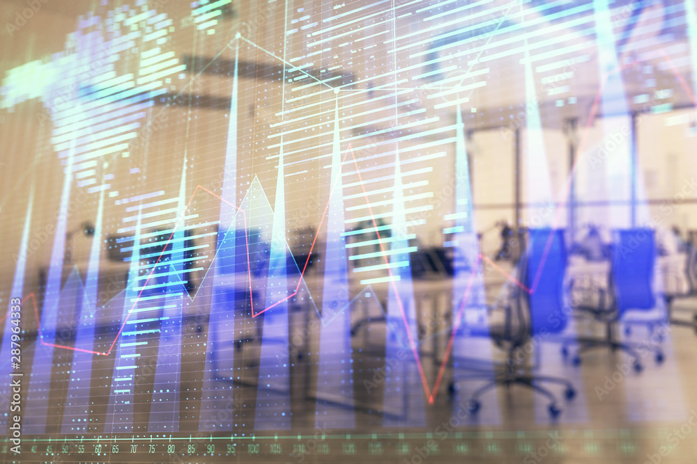 Stock and bond market graph and world map with trading desk bank office ...