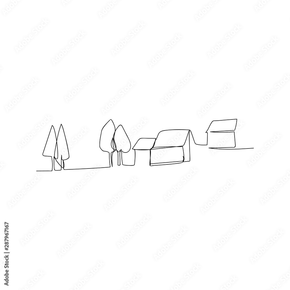 continuous line drawing of landscape with village on hill. isolated ...