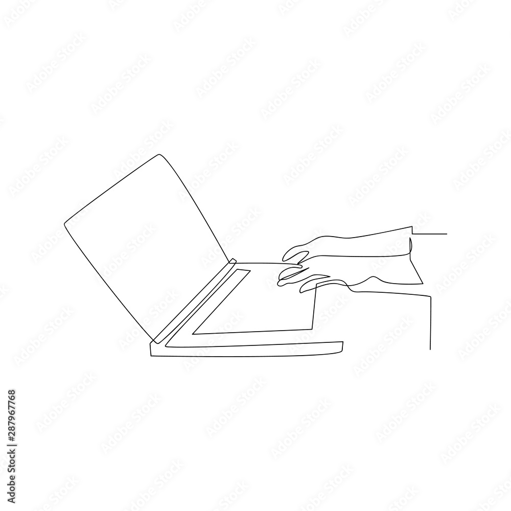 continuous line drawing of typing on laptop. isolated sketch drawing of ...