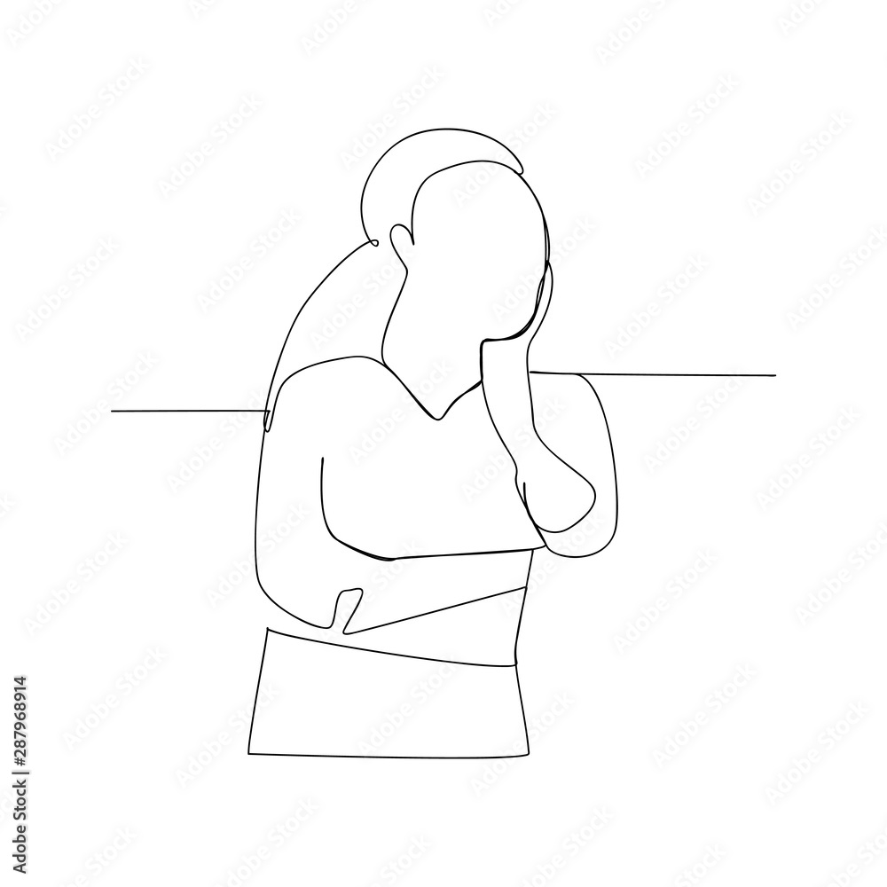 continuous line drawing of woman thinking. isolated sketch drawing of ...