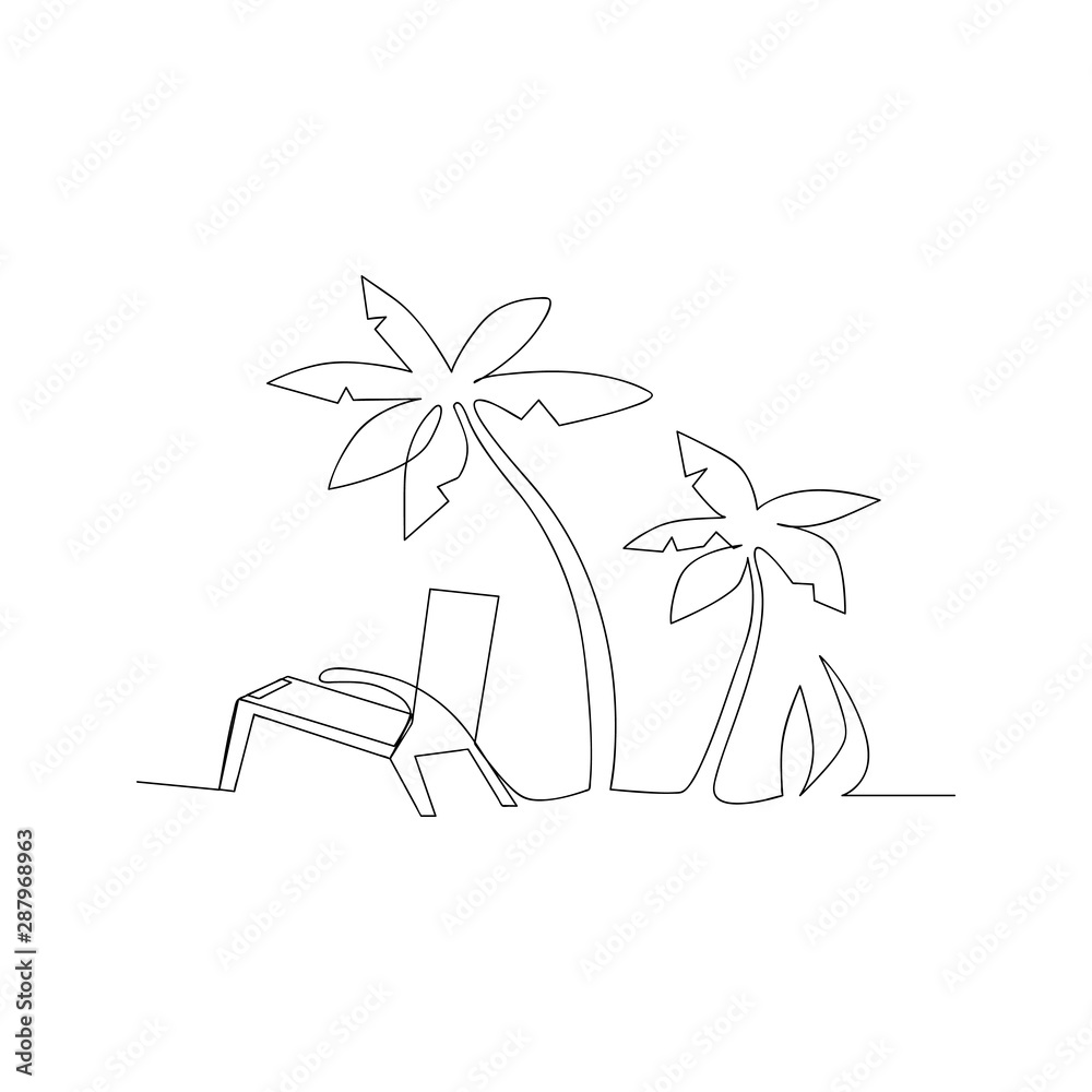 Vecteur Stock continuous line drawing of beach chair and palm trees ...