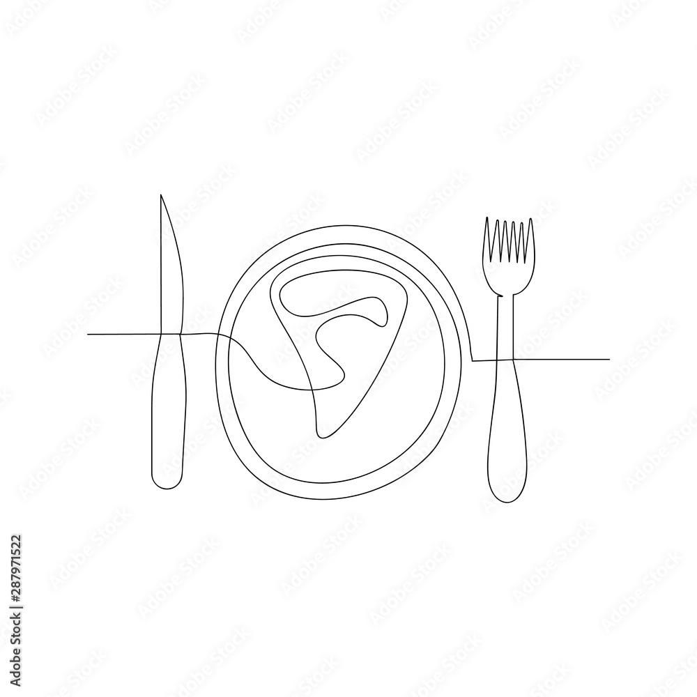 continuous line drawing of pizza on a plate. isolated sketch drawing of ...