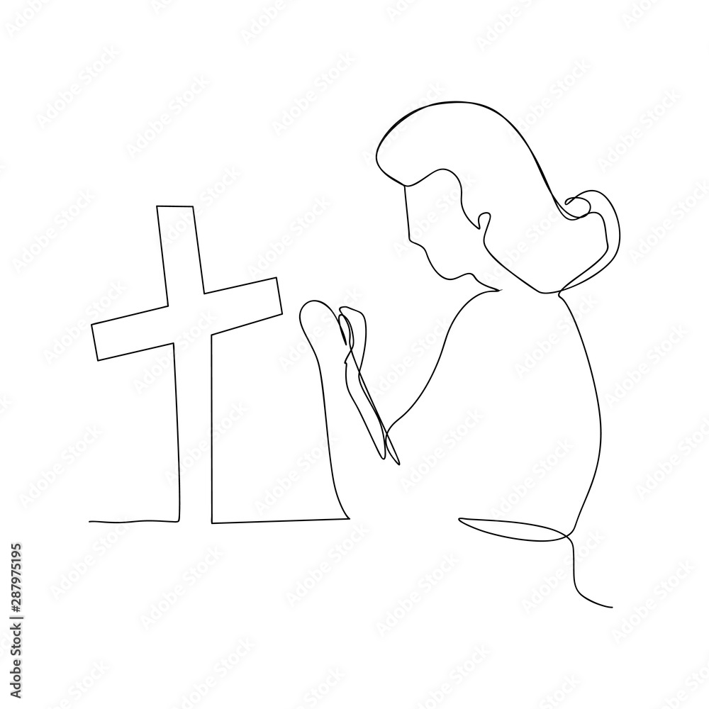 continuous line drawing of christian prayer. isolated sketch drawing of ...