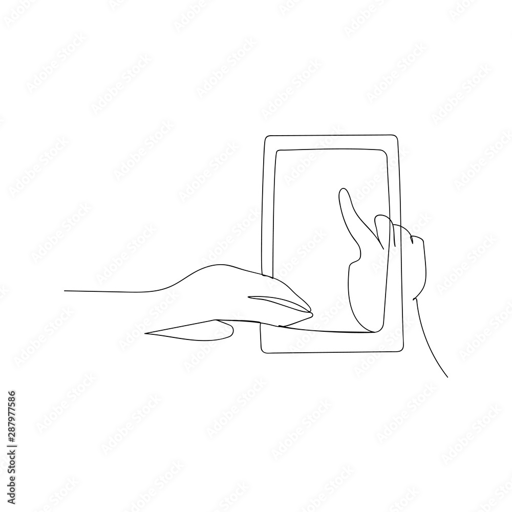 continuous line drawing of tablet in hand. isolated sketch drawing of ...