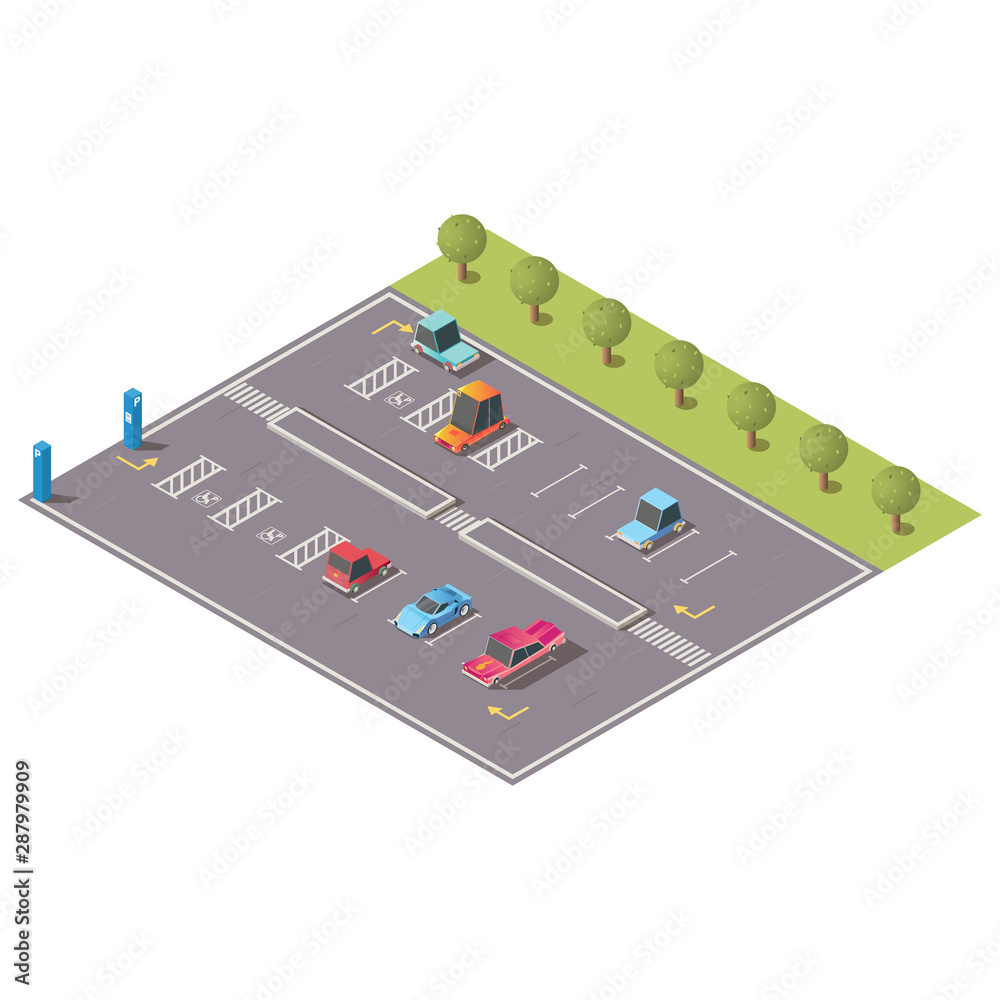 City street car parking area with various passenger vehicles, going on ...