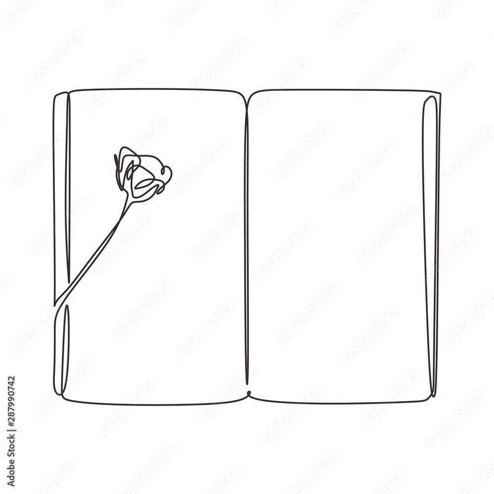 Continuous line drawing of rose flower on piece of opened book vector ...
