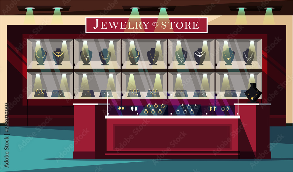 Jewelry store showcase flat vector illustration Stock Vector | Adobe Stock