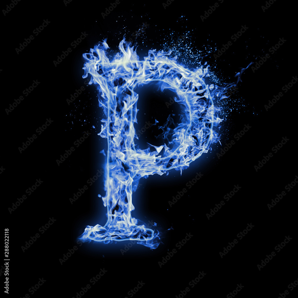Letter P. Blue fire flames on black isolated background, realistic fire ...