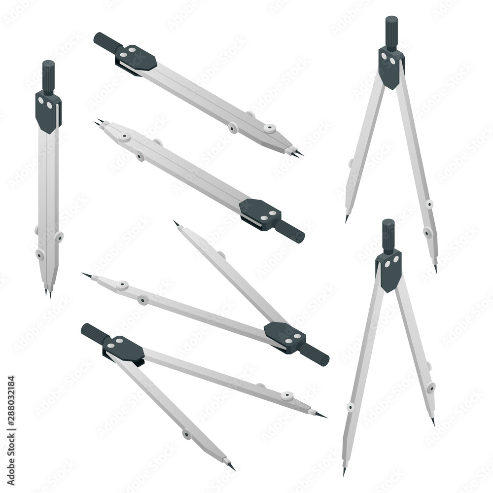 Isometric set of Precision pencil compass icons. Hand delimiters, tool ...