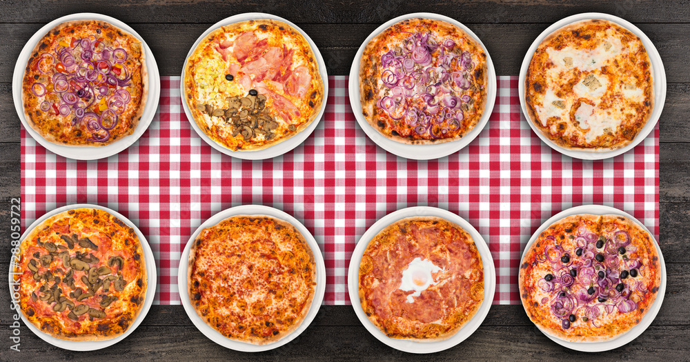 Eight different pizza set for menu or banner. Onion Pepperoni, Four ...