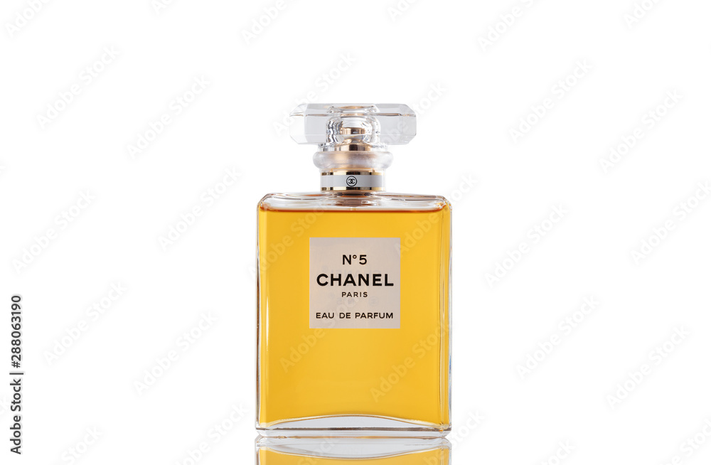 Chanel perfume number five in glass bottle isolated on white background ...