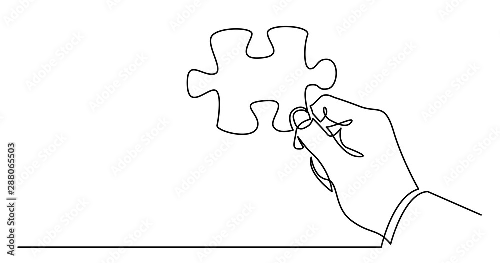 continuous line drawing of hand holding puzzle piece as a solution ...
