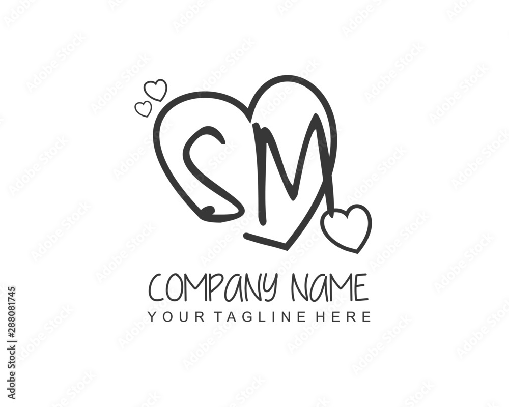 Initial letter SM handwriting logo with heart template vector Stock ...